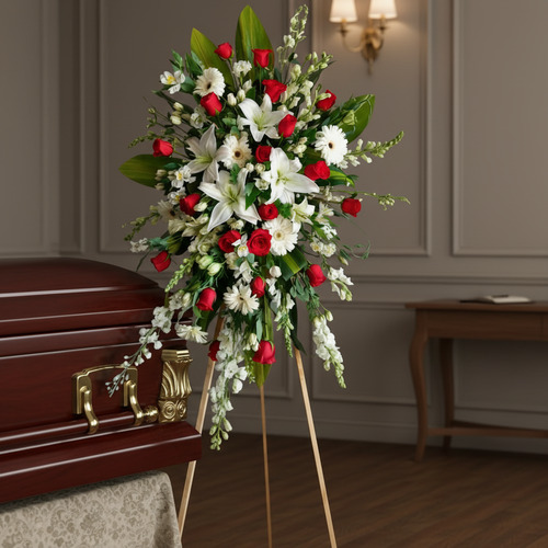 Pedestal Fúnebre Adoración, Rosas rojas, Lirios blancos, Follajes...